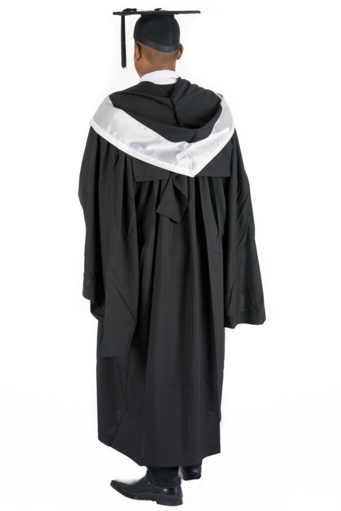 GRADUATION GOWN HIRE Silver Grey Hood + White Trim | The Gown Chick